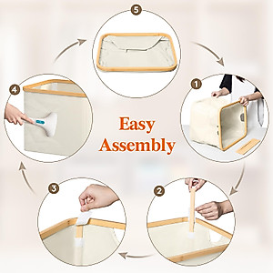 Lifewit 42L Collapsible Storage Bin with Bamboo Handles, Foldable Storage Basket for Organizer, Storage Cubes for Closet and Shelves, Dorm, Laundry Room, Bedroom, White, 3 Pack