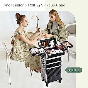 Yueieoun Professional Rolling Makeup Case with Wheels 4-in-1 Makeup Trolley, Cosmetic Train Case Makeup Cart Travel Trolley with Key for MUA, Hairstylists, Nail Tech, Black