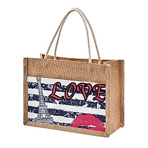 Jute Tote Burlap Bag Valentine's Day Love Paris Eiffel Tower Striped Kiss Lip Navy Gift Bag Women DIY Work Grocery Storage Bag