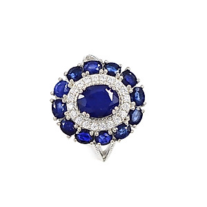 September Birthstone Natural 9X7 MM Oval Cut Blue Sapphire Gemstone 925 Solid Silver Cluster Unisex Proposal Ring Wedding Jewelry For Bridal Gift (Rhodium Plated Silver, 6)