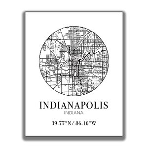 Indianapolis IN City Street Map Wall Art - 11x14 UNFRAMED Modern Abstract Black & White Aerial View Decor Print with Coordinates. Makes a great Indiana -Themed Gift.