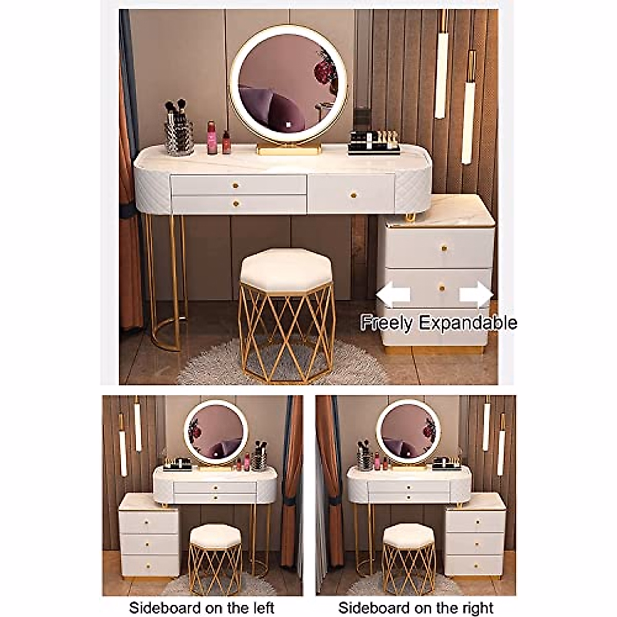 OLOTU Nordic Vanity Desk with Glass Tabletop, Makeup Vanity with Ergonomic Chair, Dressing Table with Lights Mirror and Drawers