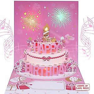 DTESL Musical Birthday Cards with Light and Music, Blowable, 3D Birthday Popup Cards for Men & Women– Plays Hit Song 'HAPPY Birthday' (pink)