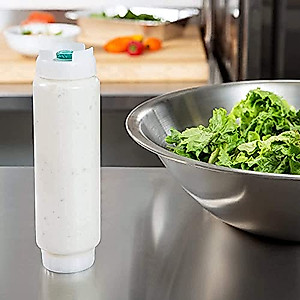 FIFO Squeeze Bottle Refillable 16 oz | 4 Green 4 Yellow 4 Blue Tip Small Valve Dispenser for Thin Condiments, Sauces, Batter and Dressing | Self Sealing No Drip No Hassle | Variety Pack ( 12 Pack )