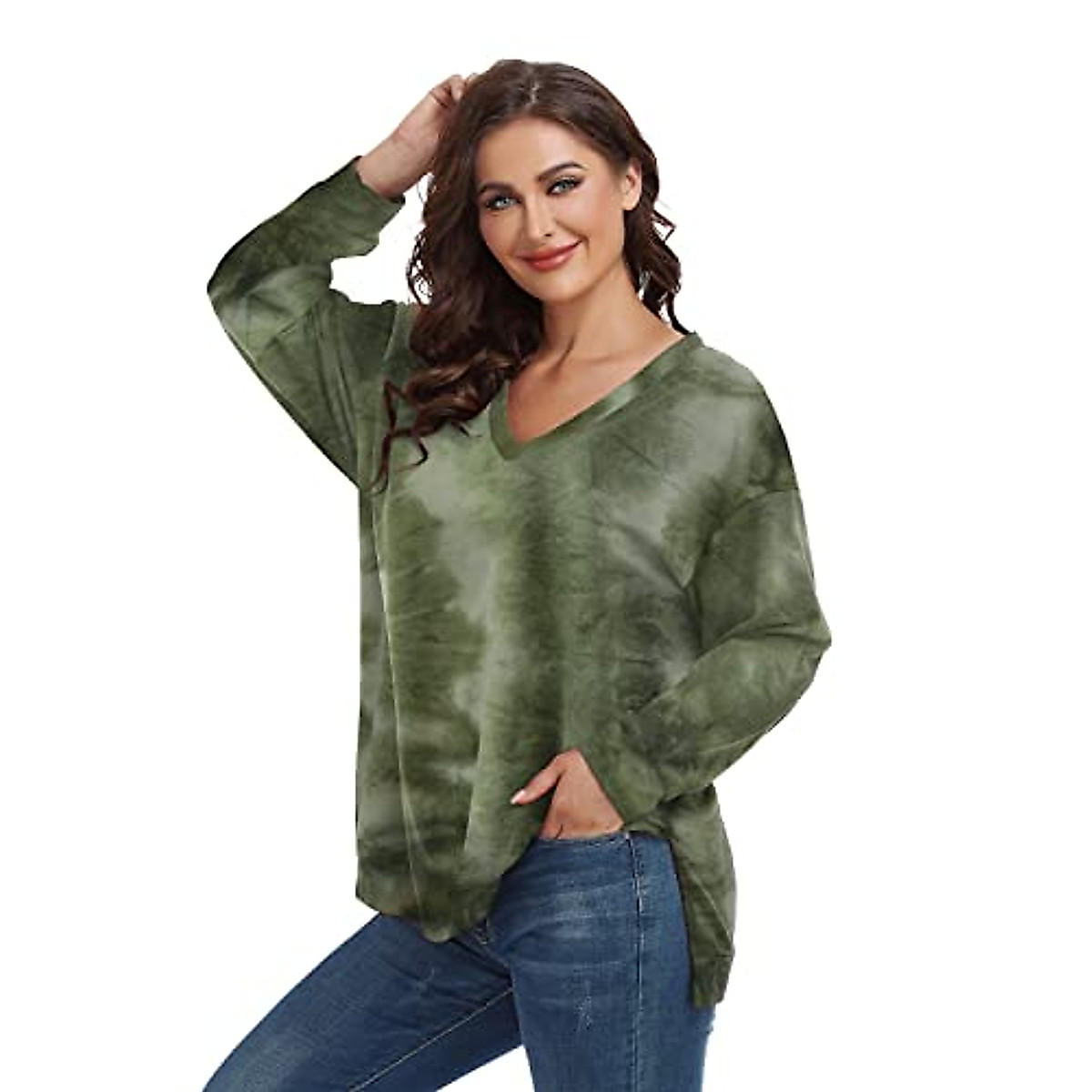 LARACE Tie Dye Sweatshirts for Women Plus Size Tops V Neck Side Split Shirt Casual Long Sleeve Pullover Tee(E-Olive 2X)