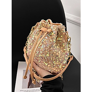 Verdusa Women's Sequin Drawstring Bucket Bags Glitter Crossbody Handbag Mini Purse Khaki one-size