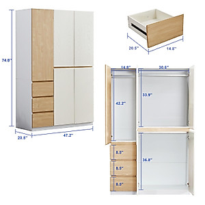 Idealcabin Closet Wardrobe 3 Doors White Wood Armoire Wardrobe Closet Cabinet with Hanging Rod 3 Drawers for Bedroom Armoires Tall Clothes Storage Closets(20.5" D x 47.2" W x 74.8" H)
