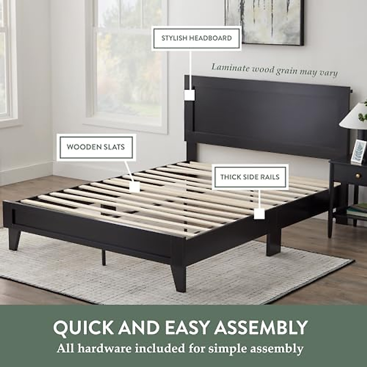 Edenbrook Delta California King Bed Frame with Headboard – No Box Spring Needed – Compatible with All Mattress Types – Wood Slat Support – California King Size Wood Platform Bed Frame – Black