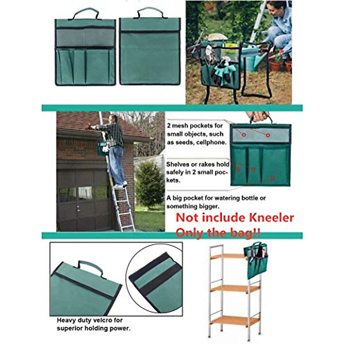COCO Garden Kneeler Tool Bag Stool Pouch Seat Storage Tote Hanging Organizer, 600D Waterproof Portable for Outdoor Gardening, 12” x 13“ (Green, NOT Include Kneeler)
