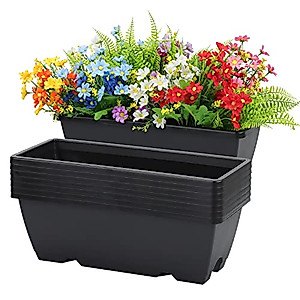 Whonline 8 Pack Window Box Planter 17 Inch Black Plastic Vegetable Flower Planters Boxes Rectangular Flower Pots with Saucers for Indoor Outdoor Garden Patio