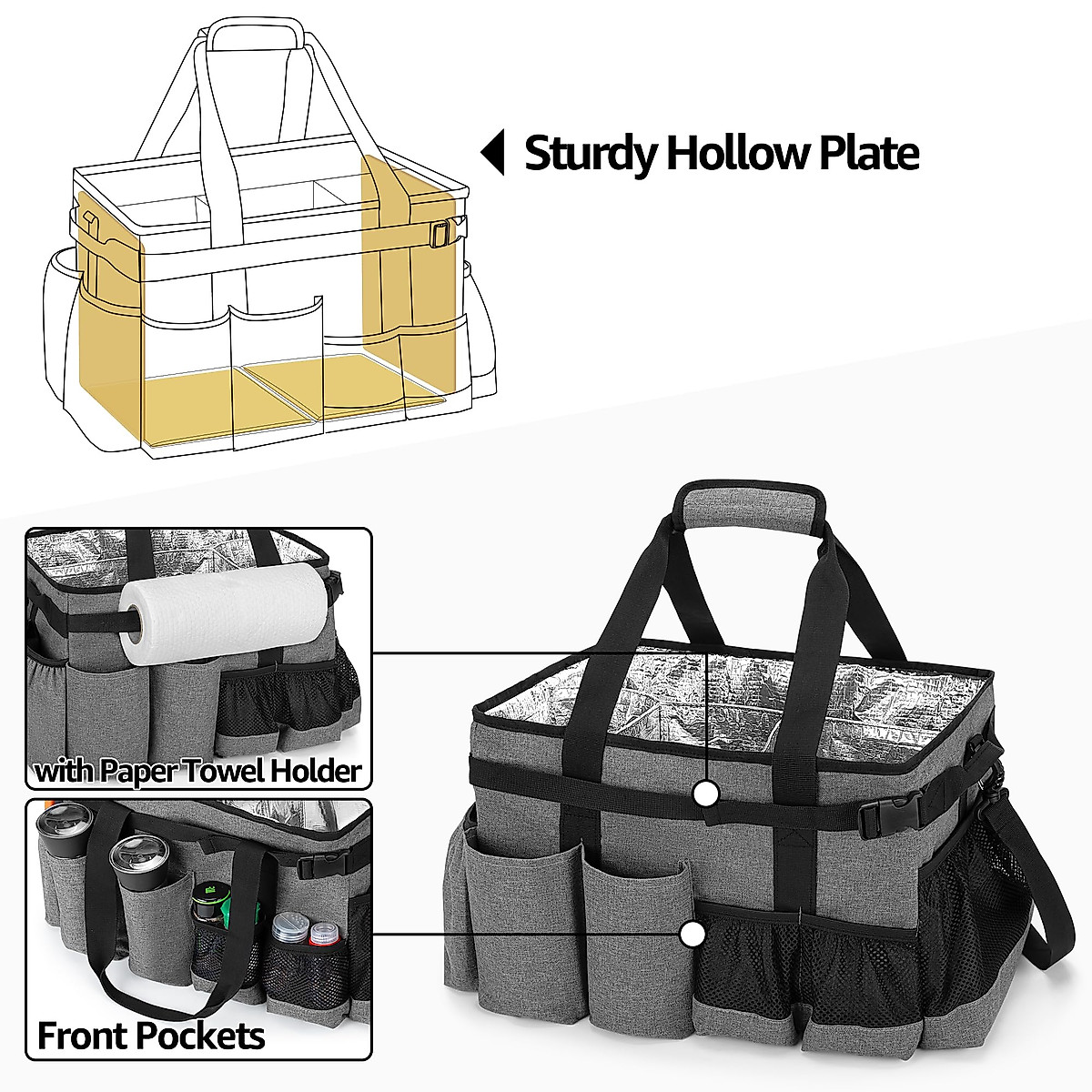 HODRANT Large Grill Utensil Caddy with Paper Towel Holder, Outdoor Picnic Bag Organizer for BBQ Supplies Tool, Tailgating Accessory Basket Camping Gear Must Haves for Cook Essentials, Gray, Bag Only