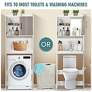 Tangkula Over The Toilet Storage Cabinet, Freestanding Tall Bathroom Organizer with Open Storage Shelves and Enclosed Storage Cabinet, Versatile Space Saver for Bathroom Toilet Laundry Room (White)
