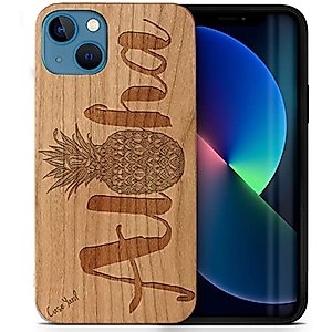 CaseYard Wood Phone case for iPhone 13 Mini Laser Engraved Aloha Pineapple Design Cherry Wood Compatible iPhone case Protective Shockproof Slim fit Cell Phone Cover for Men & Women