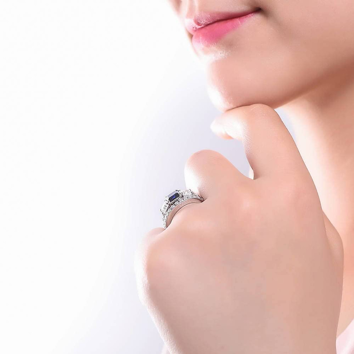 BERRICLE Sterling Silver 3-Stone Wedding Engagement Rings Simulated Blue Sapphire Princess Cut Cubic Zirconia CZ Ring Set for Women, Rhodium Plated Size 9