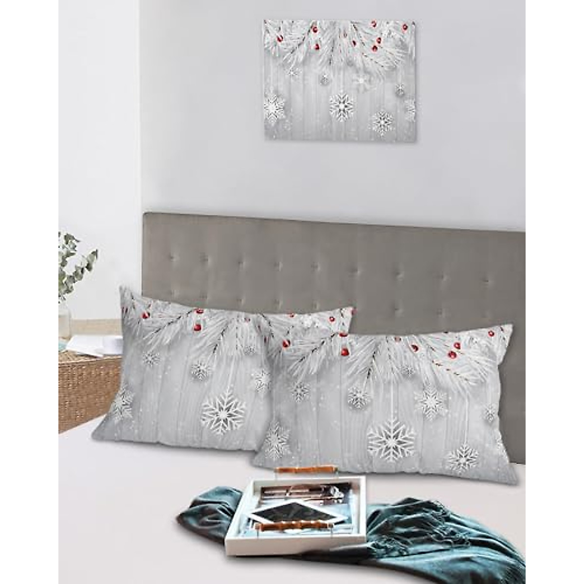 Hokiten Queen Size Pillow Covers Set of 2 - Silver Christmas, Microfiber Soft Pillowcases with Envelop Closure, Farmhouse Snowflake Pine Woodgrain Lumbar Pillow Cover for Sofa/Couch, 20x30 Inches