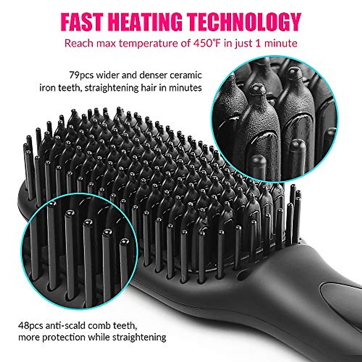 JUMPHIGH Hair Straightener Brush, Ionic MCH Ceramic, Anti-Scald, Auto Temperature Lock, Portable, Dual Voltage for Home and Travel