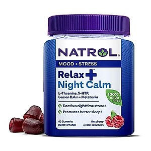 Natrol Mood+ Stress Relax+ Night Calm Gummies With L-Theanine, 5-HTP, Lemon Balm and Melatonin, Drug-Free Dietary Supplement for Nighttime Stress and Better Sleep, 50 Gummies, 25 Day Supply