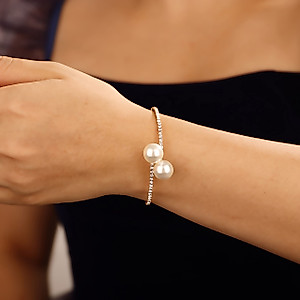 YERTTER Gold Full Rhinestone Crystal Pearl Open Bangle Bracelet Tennis Chain Cuff 1920s Pearl Cuff Bridal Bangle Bracelet Wedding Hand Chain Gift for Women Girls (Style A-Gold)