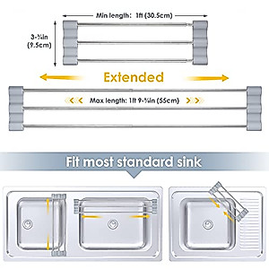 Tomorotec Rack for Sponge Dish Rags Bottles Brushes Kitchen Sink Accessories Over the Sink Adjustable Dishcloth Holder Heat-Resistant Sink Rack Multifunctional Stainless-Steel Silicone Slim Expandable