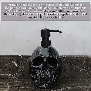 Indecor Home Halloween Soap Dispenser for Kitchen Countertop, Bathroom Sink, 100% Resin, for Hand Soap, Dish Soap, Lotion Hand Sanitizer (Gloss Black Skull)