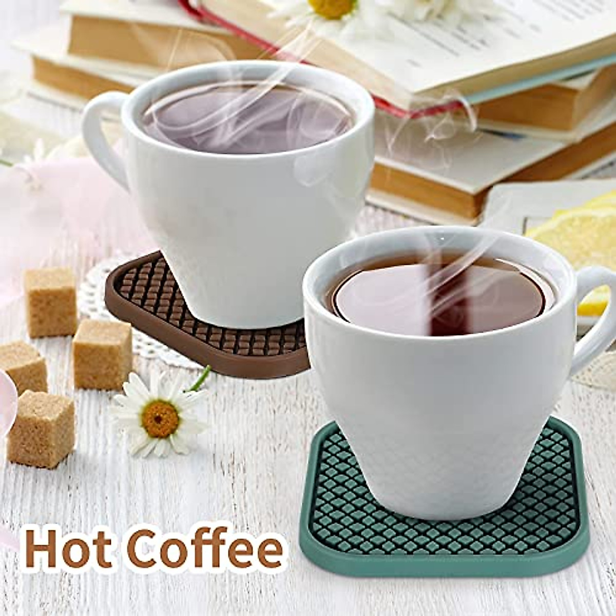 Silicone Coasters [6 Pack] ME.FAN Coasters for Drinks,Drink Coasters with Holder - Cup Mat - Non-Slip, Non-Stick, Stay Put, Deep Tray - Prevents Furniture and Tabletop Damages Square Nave Blue