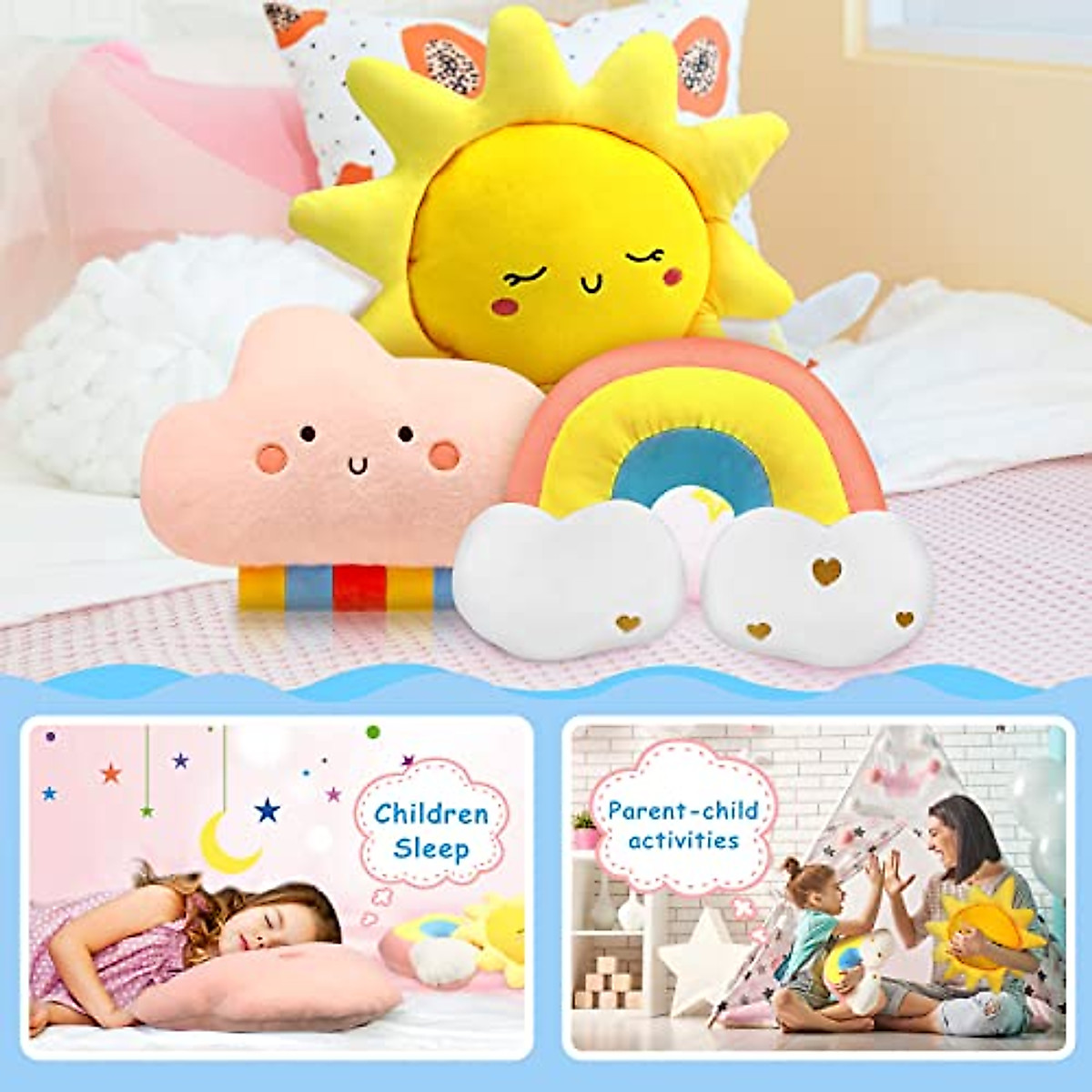 Cloud Rainbow Sun Moon Star Shaped Pillow 3 Pcs Nursery Stuffed Throw Pillows Kids Cute Cushion Children Soft Plush Pillow for Baby Room Kids Reading Nook Decorations Gift (Rainbow, Cloud, Sun)