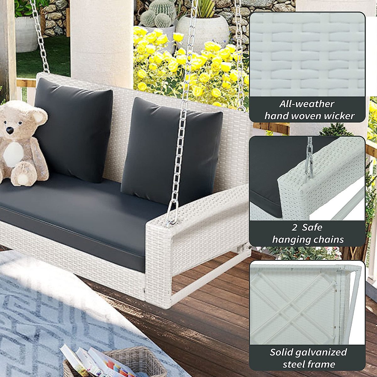 Melpomene 2-Person Wicker Hanging Porch Swing with Chains, Cushion, Pillow, Rattan Swing Bench for Garden, Backyard, Pond. (White+Wicker)