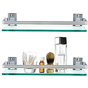 Sanbege 2-Pack Tempered Glass Bathroom Shelf with Rail, 15" x 4.5" Rectangular Shower Caddy, Wall Mounted Floating Shampoo Holder for Lavatory, Kitchen, Living Room