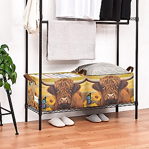 PDZRMY Open Storage Bin Blue Butterfly Highland Cow Large Foldable Storage Box Storage Basket Organizer Bins with Leather Handles for Shelf Closet Bedroom Living Room Office Home 1 Pack