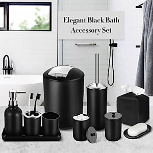 GMITING Black Bathroom Accessories Set, 10 Pcs Bathroom Accessory Set with Trash Can, Soap Dispenser and Toothbrush Holder, Soap Dish, Cotton Ball & Qtip Holder, Toilet Brush Holder, Tissue Box Cover