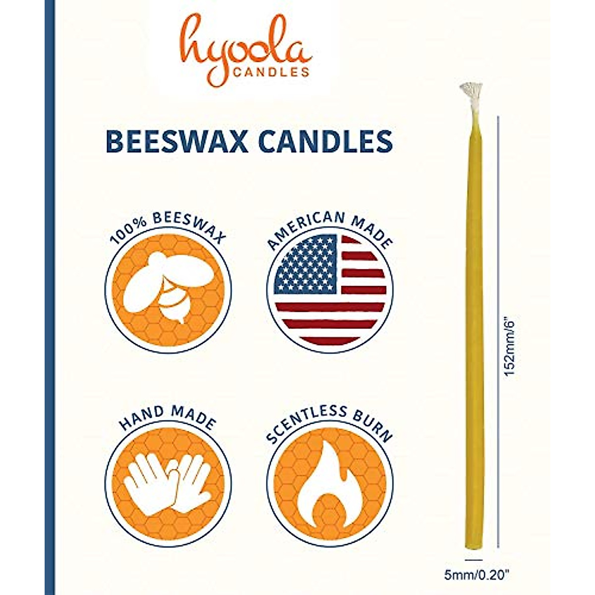 Hyoola Beeswax Birthday Candles – 50 Pack - Natural Dripless Decorative Candles with Long Lasting Burn – Elegant Taper Design, Soothing Scent – 6” Tall – Handmade in The USA
