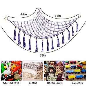 Purple Hammock with Wooden Beads and Fringe Toy Storage, Boho Room Decor, Bedroom Decor, Plush Toy Storage for Kids, Girls Bedroom Storage