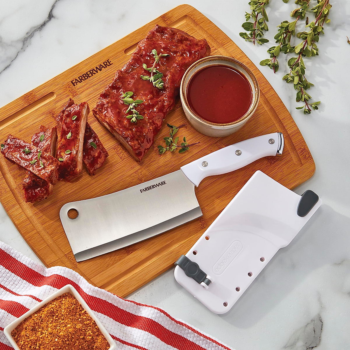 Farberware Edgekeeper Triple Riveted Cleaver Self-Sharpening Blade Cover, High Carbon-Stainless Steel Kitchen Ergonomic Handle, Razor-Sharp Knife, 6 Inch, White