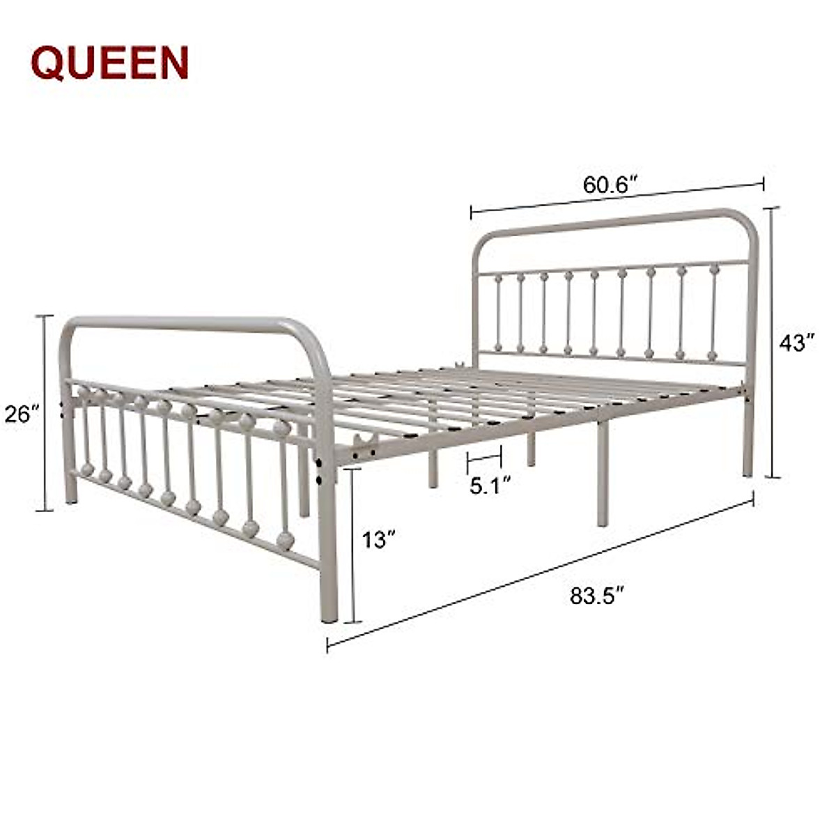 NEEBIRGELIA White Metal Bed Frame Queen Size with Headboard and Footboard Single Platform Mattress Base,Metal Tube and Iron-Art Bed（Queen,Grayish White）
