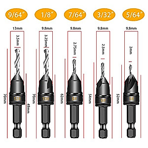 11 Pcs 82° Countersink Drill Bit Set #5, 6, 8, 10, 12 with 5 Replacement Dril bits and 1 Wrench, 3/8" Quick-Change -Chamfered Adjustable Drilling Tool Kit on Pilot Counter Sink Holes for Woodworking