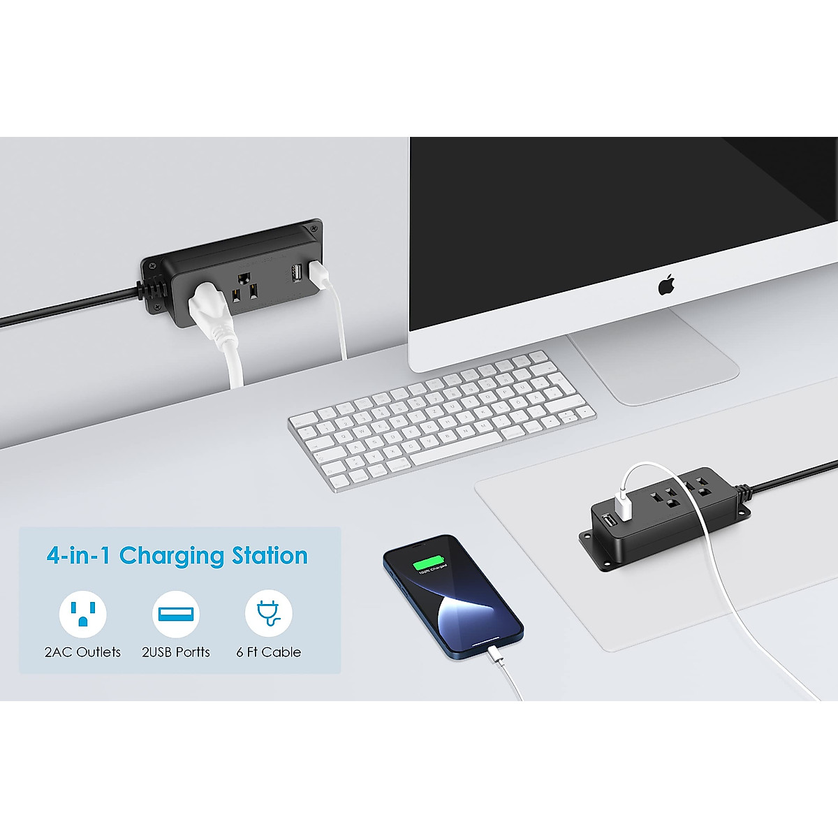 Power Strip with USB,2 AC Outlets 2 USB Charging Ports Mounting Power Center,6.5fT Power Strip Heavy Duty Extension Cord,Mountable Under Desk/Table Wall Socket(Black)