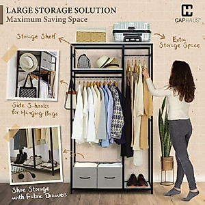 CAPHAUS 550lbs Capacity Garment Rack for Hanging Clothes, Heavy Duty Metal Open Wardrobe w/Hanging Rods & Drawers, Free Standing Closet Organizer, Metal Closet w/Wooden Boards, Black Vintage Board
