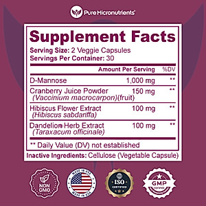 Pure D Mannose Capsules 1000mg - Fast Acting UTI Support - Urinary Tract Cleanse & Bladder Health - Cranberry, D-Mannose, Dandelion, Hibiscus Flower - 60 Veggie Caps