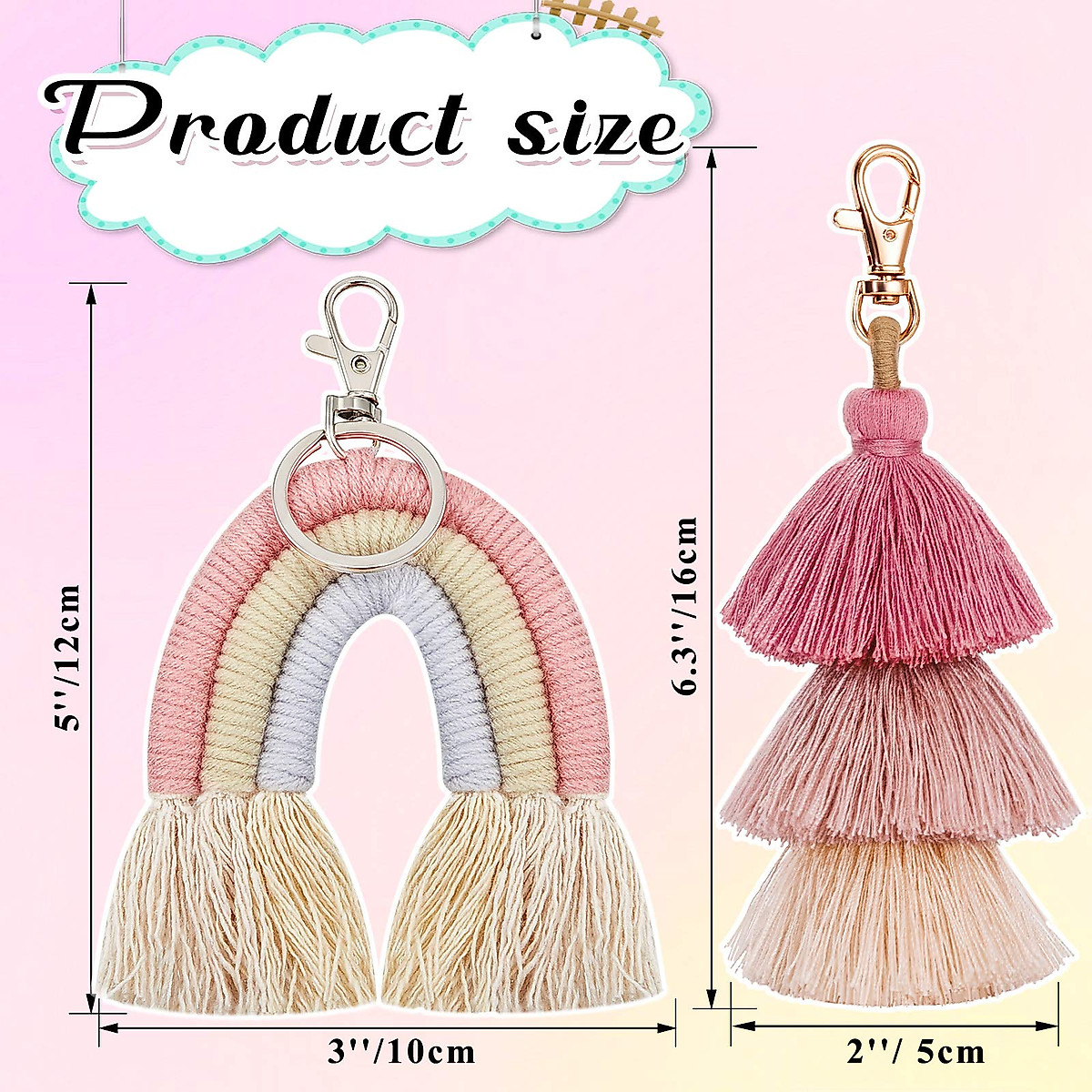 Hicarer 2 Pieces Boho Rainbow Keychains Pom Pom Tassel Macrame Keychains for Women(Fresh Color)