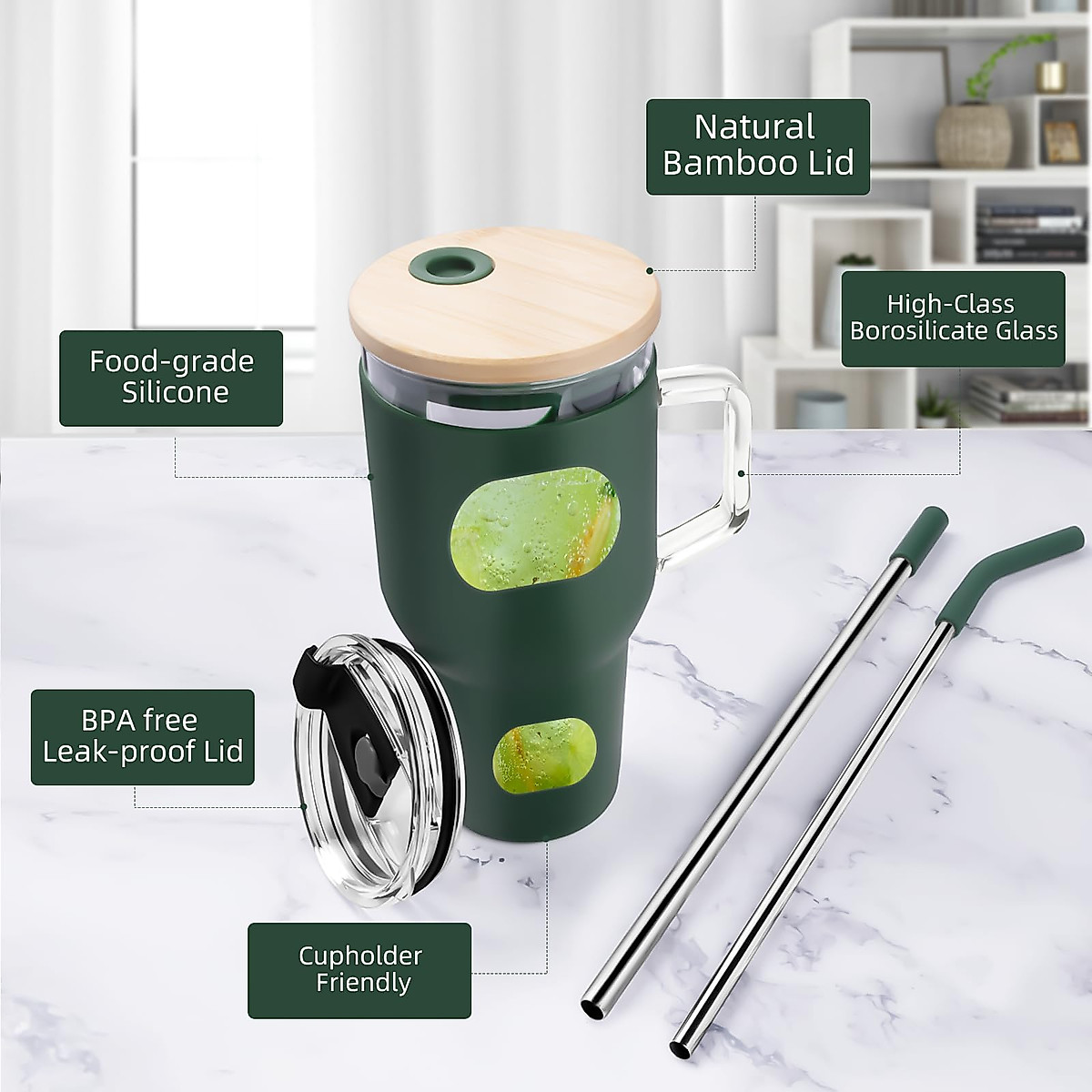 32 oz Glass Tumbler with Straw and Lid, Glass Water Bottle with Handle, Iced Coffee Tumbler with Silicone Sleeve, Christmas Gifts for Women Men, BPA Free Glass Cup Reusable Drinking Glasses