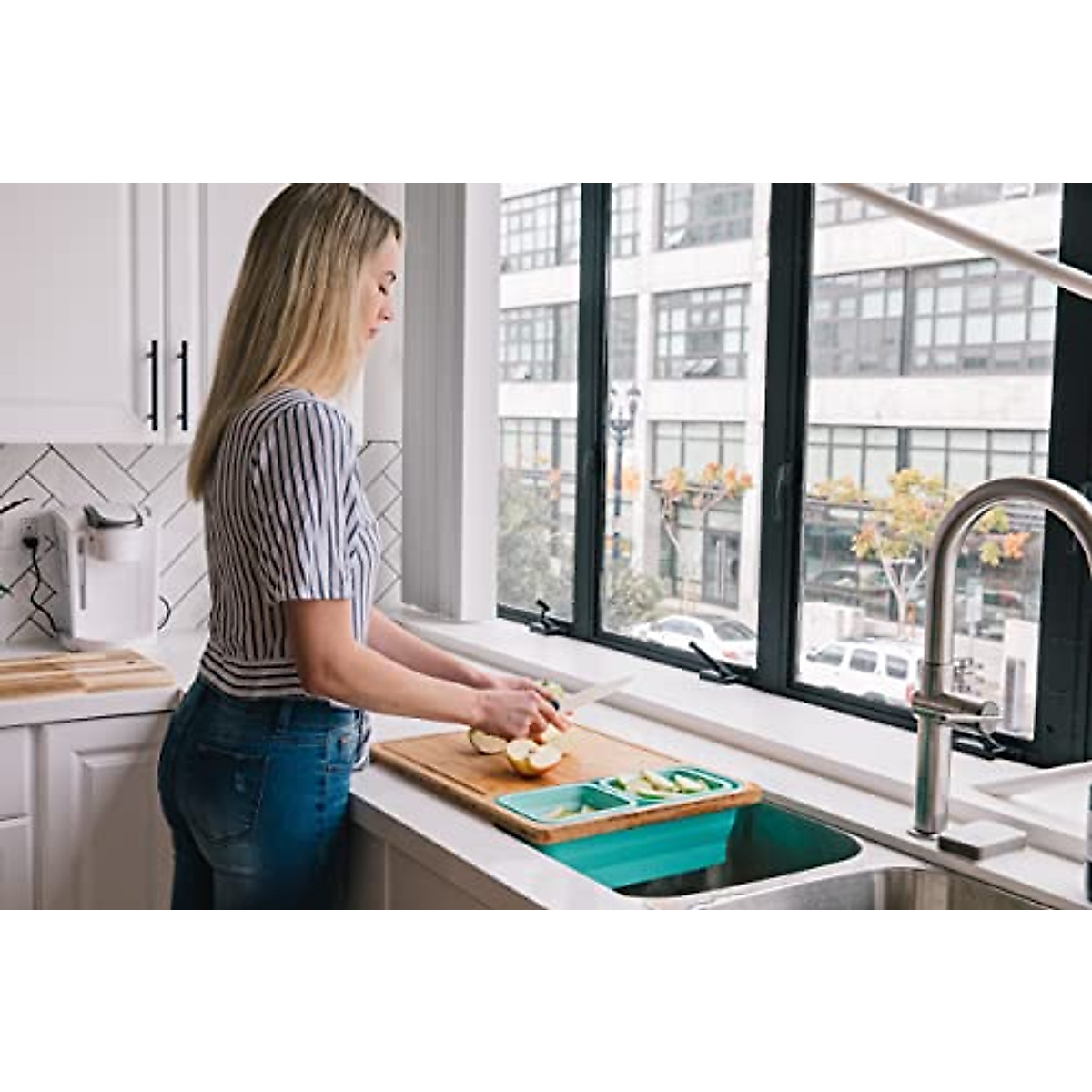 TidyBoard Meal Prep System - Bamboo Cutting Board - The Quick & Easy Meal Prep Solution, Teal