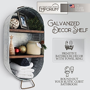 Creekview Home Emporium Rustic Shelf Galvanized Wash Tub Farmhouse Bathroom Wall Decor - 20 Inch Oval Galvanized Cubby Wall Unit with 2 Wood Shelves - Primitive Bathroom Decor with Towel Ring