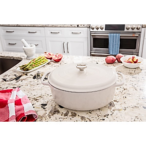 Lodge 7 Quart Enameled Cast Iron Oval Dutch Oven with Lid – Dual Handles – Oven Safe up to 500° F or on Stovetop - Use to Marinate, Cook, Bake, Refrigerate and Serve – Oyster White