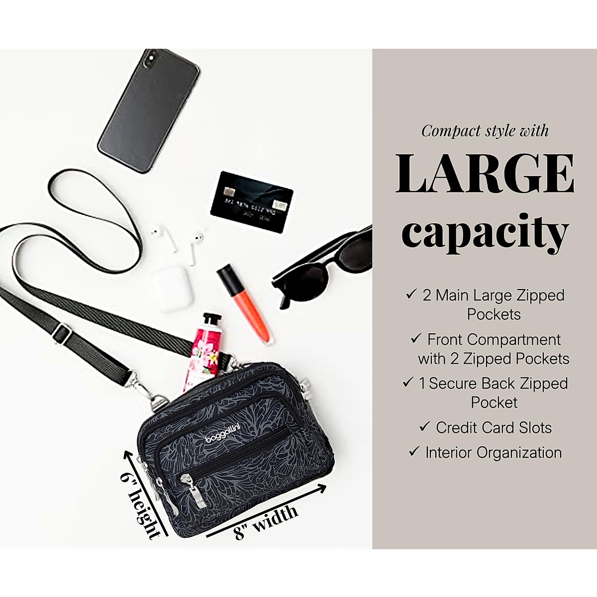 Baggallini womens Triple Zip Bagg cross body handbags, Midnight Blossom, One Size US