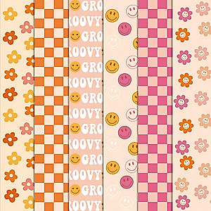 Whaline 6Pcs Retro Groovy Cotton Fabric Bundles 18 x 22 Inch Pink Orange Checkered Flower Fat Quarters Groovy Hippie Quilting Patchwork Squares Sewing Fabrics for DIY Crafting Home Party Decor