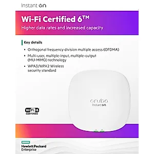 HPE Networking Instant On Access Point AP25 4x4 WiFi 6 Indoor Wireless Access Point | Power Source Not Included | US Model (R9B27A)