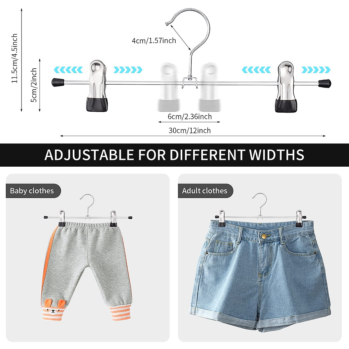 Cimlord 30 Pack Pants Hangers with Clips Skirt Hangers for Women Shorts Hangers Heavy Duty Metal Clothes Hanger for Closet Space Saving Non Slip Trousers Hanger Jeans Hanger for Men,Black,12 Inch