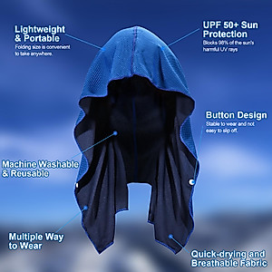 Sukeen Cooling Hoodie Towel for Men, Cooling Towels for Neck and Face UV protection, Quick Drying Absorbent Sport Workout Camping Cycling Cooling Towel, Cooling Neck Wraps(2 Pack Black Royal Blue)