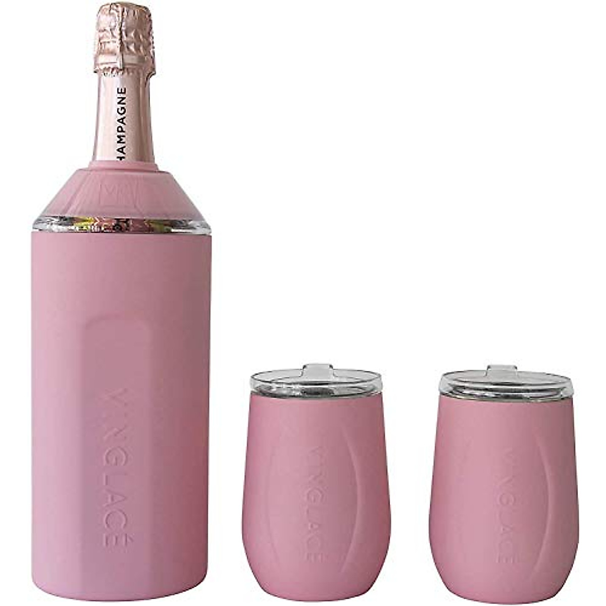 Vinglacé Wine Bottle Chiller Gift Set- Portable Stainless Steel Wine Cooler with 2 Stemless Wine Glasses, Rose