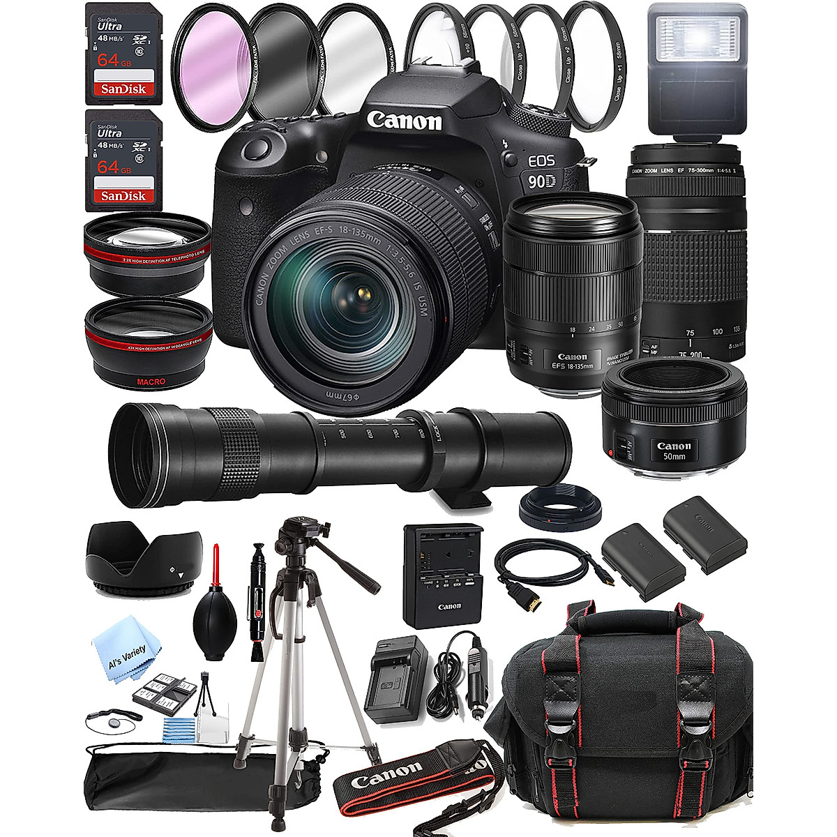 Canon EOS 90D DSLR Camera w/EF-S 18-135mm USM Zoom Lens + 75-300mm F/4-5.6 III Lens EF 50mm f/1.8 STM Lens + 420-800mm Super Telephoto Lens + 128GB Memory (42pc Extreme Bundle)